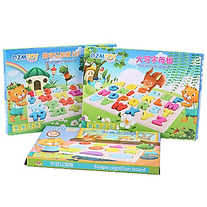 Montessori Wooden Letter Shape Number Puzzle for Toddler 3-5, 3 in 1 Big Numbers Shapes Alphabet ABC Toddlers Puzzles Board, Montessori Preschool Educational Kindergarten Teaching Toy for Boys Girls