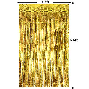HDLJD Shiny Gold Metallic Foil Fringe Door & Window Curtain Party Decoration 3.3' X 6.6' （Value Pack of 2）