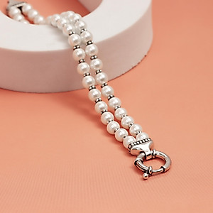 LeCalla 925 Sterling Silver Round Shell Pearl Bracelet for Women, Pearl Two Strand Stretch Bracelets