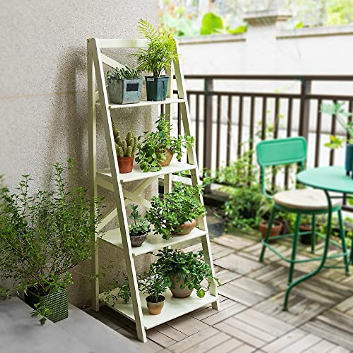 ZENODDLY Ladder Shelf White Ladder Bookshelf, 56.3in Tall Standing Ladder Shelves for Living Room Bathroom Furniture Bedroom Display Shelf, Wooden Leaning Bookshelf Ladder Bookcase Plant Shelf Indoor