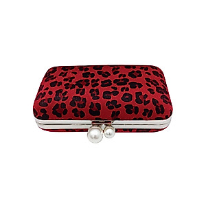 Plush Evening Bag for Women Stylish Leopard Print Handbag Pearl Chain Purse for Party Prom Red