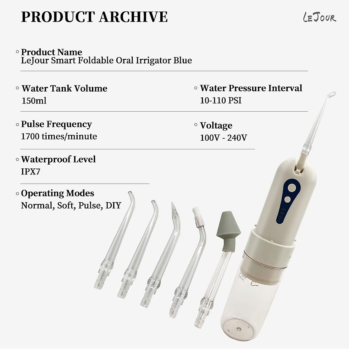 LEJOUR Water Flossers for Teeth,Cordless Water Dental Floss Folding Portable Oral Irrigator,Rechargeable Powerful Battery Life Water Dental Picks with 4 Modes 5 Jet Tips IPX7 Waterproof, Travel Bag
