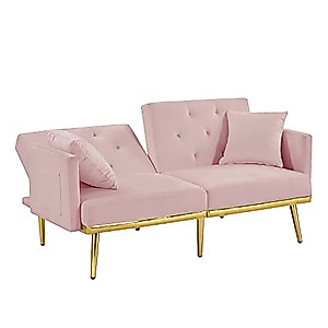 60" Convertible Velvet Futon Sofa Bed, Sleeper Sofa Couch with 2 Pillows and Adjustable Backrest, Modern Loveseat with Side Storage Pockets for Living Room, Bedroom (Pink)