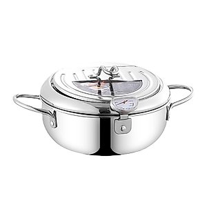 Stainless Steel Deep Fryer - Large Japanese Deep Fryer Pot - with Lid, with Thermometer & Oil Drip Drainer Rack for Kitchen Home Use (Stainless Steel, 20cm)