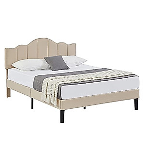 VECELO Full Upholstered Platform Bed Frame,Mattress Foundation with Height Adjustable Tufted Headboard,Strong Wood Slat Support, No Box Spring Needed,Champagne Beige