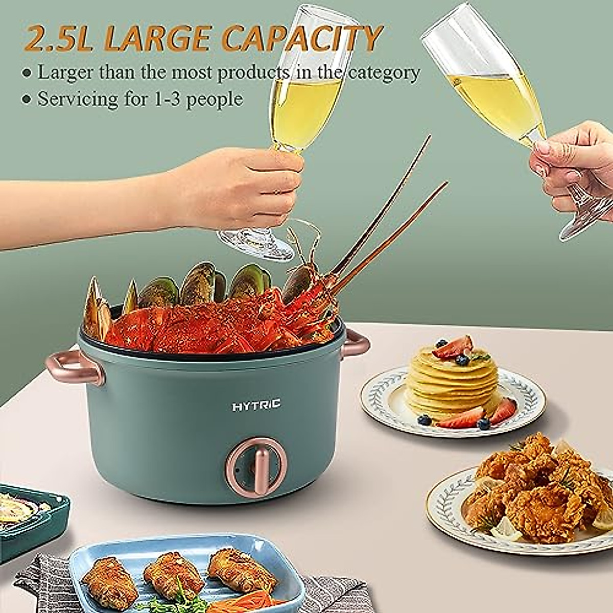 Hytric Hot Pot Electric, 2.5L Portable Electric Skillet with Nonstick Coating, Dual Power Control Multi-Function Cooker for Stir Fry, Steak, Noodles, Ramen Cooker for Dorm and Office, Green