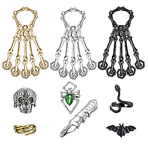 Sanfenly 9Pcs Gothic Rings for Women Men Skull Skeleton Hand Bracelet with Rings Cosplay Rock Knuckle Joint Full Finger Statement Ring, Cool Punk Rings Bat Snake Spider Adjustable Ring Set