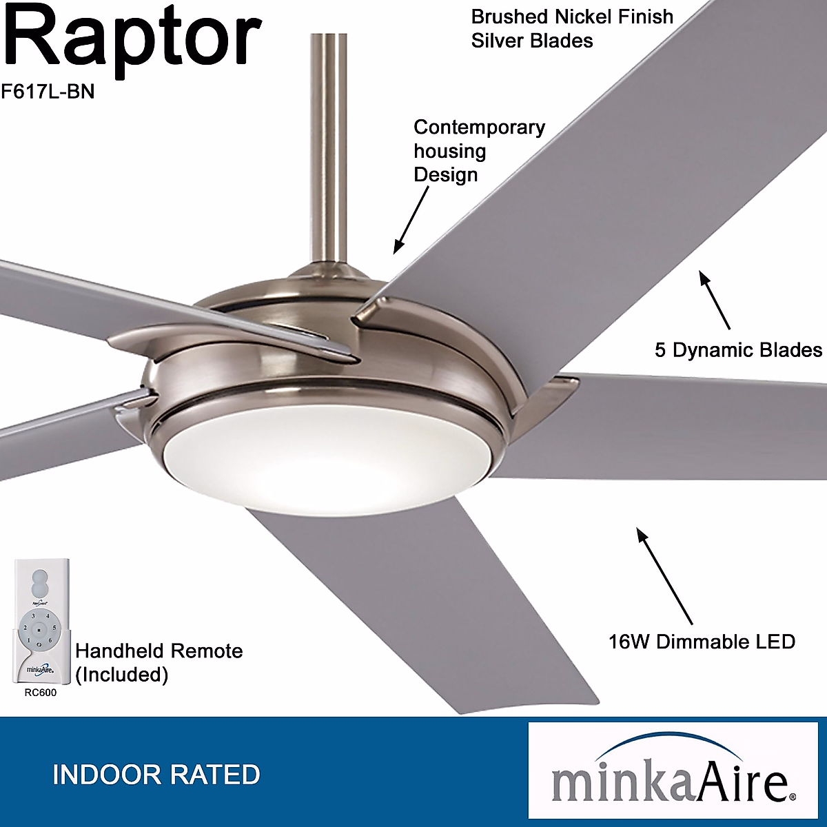 Minka-Aire F617L-BN Raptor 60 Inch LED Ceiling Fan with DC Motor and Integrated 16W LED Light in Brushed Nickel Finish