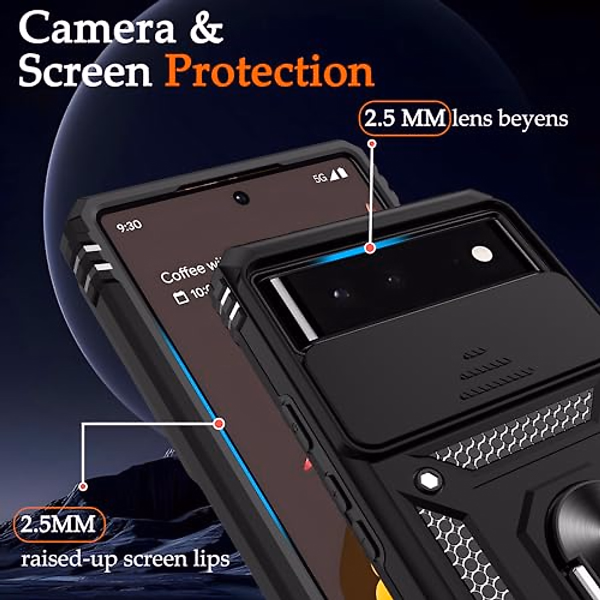 iBaove for Google Pixel 6 Case, Pixel 6 Case with 2 Pcs HD Screen Protector and Slide Camera Cover, Military Protection Shockproof with Ring Kickstand Case for Google Pixel 6, Black