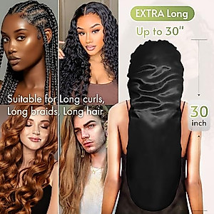 BONNET QUEEN Braid Bonnet Silk Bonnet Foldable Extra Long Bonnet for Braids Satin Bonnet for Sleeping Hair Bonnet with Tie Band Long Sleep Cap Black