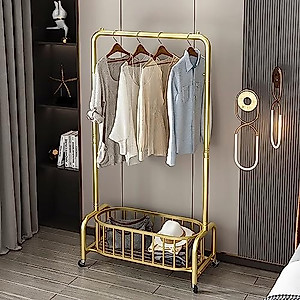 KDFWYDS Metal Coat Rack Stand with Basket Free Standing Garment Rail with 360° Wheels Clothes Rack for Hall, Entryway, Bathroom and Living Room (Color : Gold, Size : 60cm)