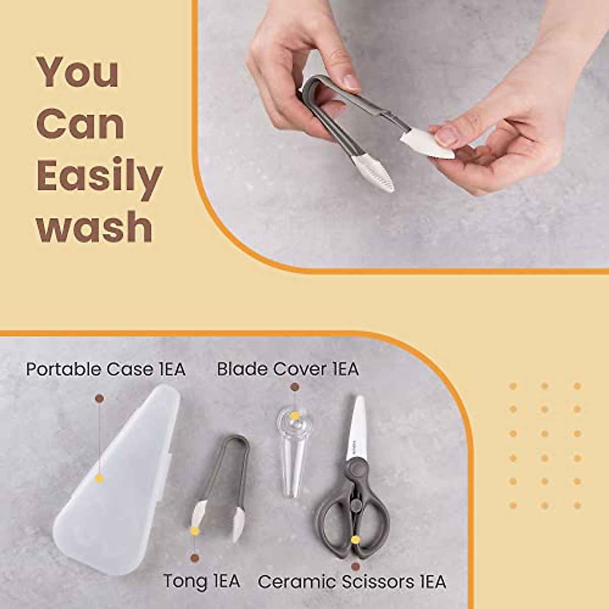 MOTHER-K Portable Ceramic Scissors with Tong Set, Ceramic Scissors for Baby Food with Protective Blade Cover and Portable Case, Safety Lock (GREY)
