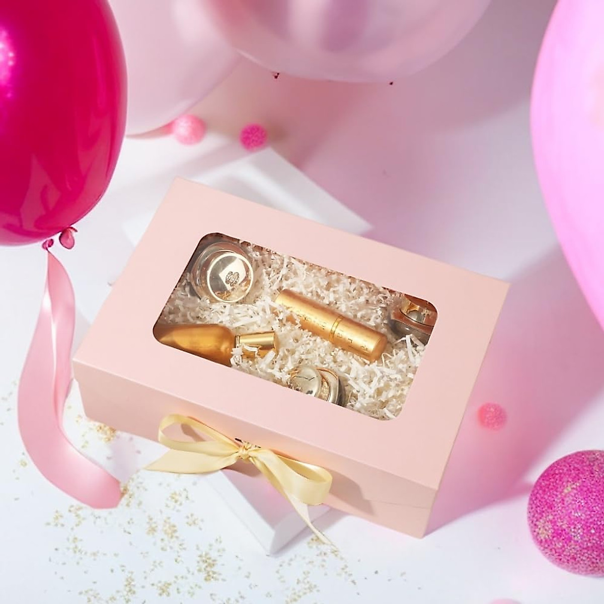 PLINJOY Pink Gift Box for Presents with Ribbon 10.8x7.5x3.5 Inches Clear Gift Box with Window Magnetic Closure Gift Boxes with Lids