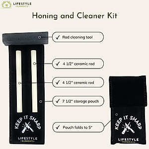 Honing Rod Knife Sharpener Bundle - Arkansas Sharpeners 4 1/2in Ceramic Rod (Pack of 2) and Super Rust Eraser Sharpening Rod Cleaner (Pack of 1) with Protective Storage Pouch by Lifestyle Elements