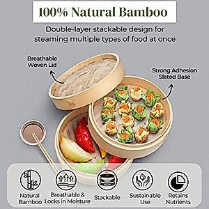 Flexzion Bamboo Steamer Basket Set (8 inch), 50 x Steamer Liners and 2 Pairs of Chopsticks, Steam Baskets for DimSum Dumplings, Rice, Vegetables, Fish and Meat