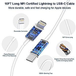 [Apple MFi Certified] iPhone Fast Charger, 20W PD + QC 3.0 Dual Port USB C Wall Charger Plug with 10FT Extra Long USB C to Lightning Fast Charging Data Sync Cord for iPhone 13 12 11 XS XR X 8 iPad