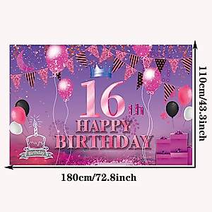 Happy 16th Birthday Backdrop Banner Pink Purple 16th Sign Poster 16 Birthday Party Supplies for Anniversary Photo Booth Photography Background Birthday Party Decorations, 72.8 x 43.3 Inch