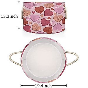 Candy Heart Valentines Day Large Round Baskets for Storage Laundry Baskets with Handles Blanket Storage Basket for Bathroom Shelves Bins for Organizing Nursery Hamper Girl Boy