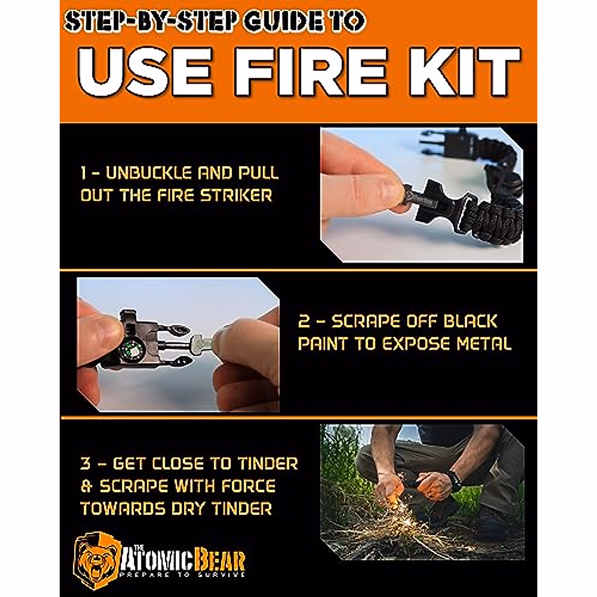 Atomic Bear Paracord Bracelet (2 Pack) - Adjustable - Fire Starter - Loud Whistle - Perfect for Hiking, Camping, Fishing and Hunting - Black & Black+Orange