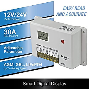 ExpertPower 30A 12/24V Intelligent PWM Solar Charge Controller with Adjustable Parameter LCD Display, Dual USB Ports, for AGM, Gel, LiFePO4