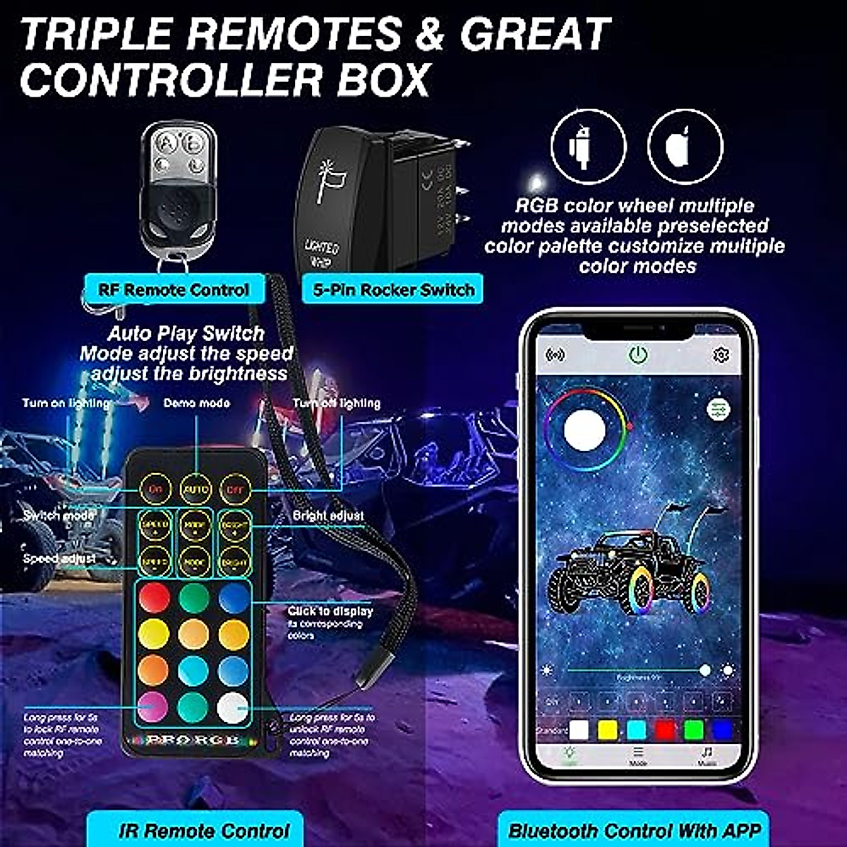 SUZCO 2PCS 2FT Heavy-Duty LED Chasings Spiral Whip Lights with IR&RF&APP, Pure White 6000K 138Leds Dancing Whip Light with Turn/Brake/Warning/Reverse Signal Fit for ATV UTV RZR Off-Road Truck Can-Am