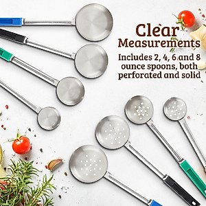 Portion Control Serving Spoons, Serving Utensil Set - Bariatric Surgery Must Haves - 8 Serving Utensils - Gastric Sleeve, Weight Loss, Home Cooking, Bariatric Measuring - 4 Solid and Perforated