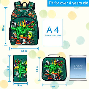 KLFVB 3PCS Boys Backpack, 16" Dinosaur Kids Bookbag and Lunch Box, Preschool Backpacks for Elementary Students