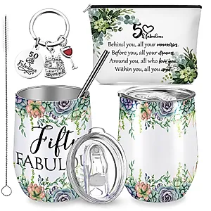 Irenare 50th Birthday Gifts for Women Fifty Fabulous Gifts for Her Happy 50th Birthday Gifts for Grandma Mom Sister Wife Aunt Friends Wine Glass Cosmetic Bag for Woman Birthday Gift(Fresh Style)