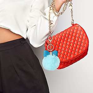 Hicarer 12 Pieces Fluffy Pom Pom Keychain Bulk Bow Rhinestone Faux Pompoms Keyring for Women Bags Craft, 12 Colors(Pastel Colors)