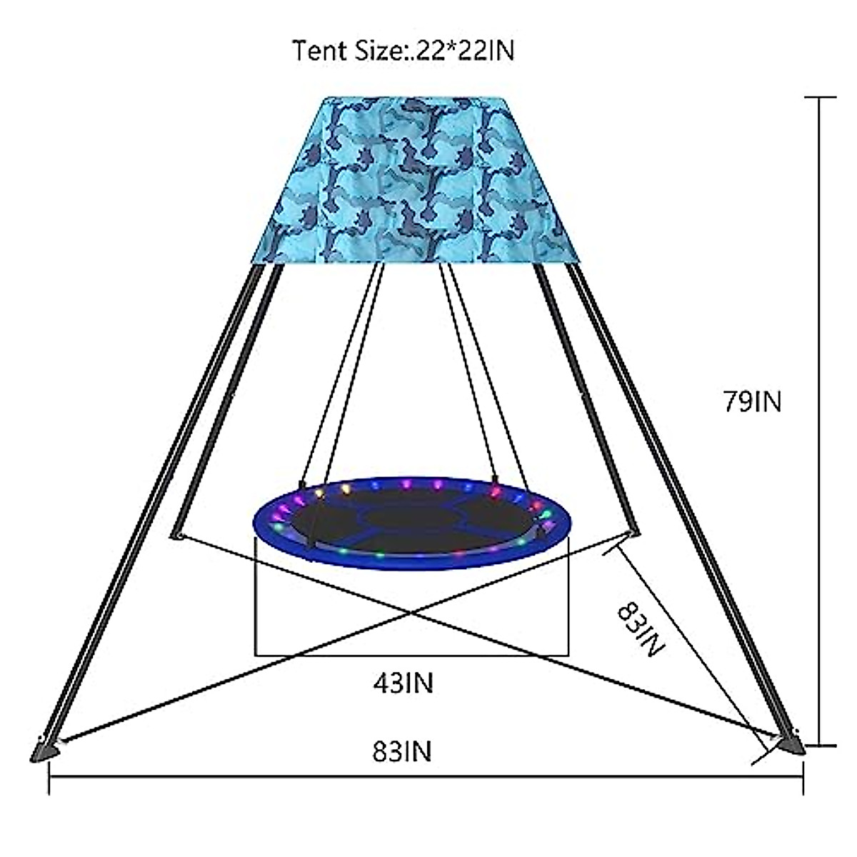 Outdoor Swing Set, Swing Stand with Tent & Swing, Trapezoidal Swing Set with Heavy Duty Galvanized Steel Frame & LED Strips for Boys Girls Teens Garden Backyard Playground
