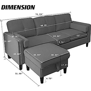 Uoobmope 78" L Shaped Sectional Couch, 3-Seat Sectional Sofa w/Movable Storage Ottoman & USB, Upholstered Linen sofa w/Reversible Chaise Lounge for Apartment,Compact/Small Spaces-Dark Grey
