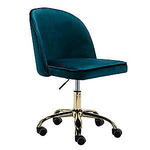 Guyou Pink Velvet Gold Desk Chair with Wheels Armless Upholstered Vanity Chair, Rolling Swivel Small Task Chair Home Desk Chair for Home Office Studio (Peacock Blue)