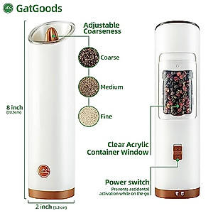 GATGOODS Gravity Electric Salt and Pepper Grinder Set, Adjustable Coarseness, Warm LED Light, One-handed Automatic Operation, Battery Powered, White, Electric Pepper Mills