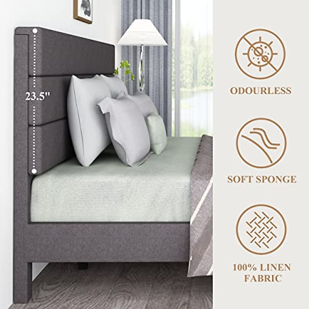 Benevika King Size Upholstered Platform Bed Frame with Linen Fabric Simple Style Headboard and Wooden Slats Support, Upholstered Mattress Foundation, No Box Spring Needed, Easy Assembly, Grey
