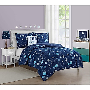 MISC Navy Kids Outer Space Comforter Set Full, Spaceship Bedding Galaxy Saturn Earth Planet Star Sun Rocket Stardust Spaceship Astronomy Themed Universe Outerspace Adventure Blue 4 Piece, Microfiber