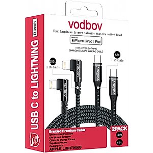 VODBOV 90 Degree iPhone Charger Fast Charging Cable 2Pack 10ft 6ft USB C to Lightning Right Angle Black