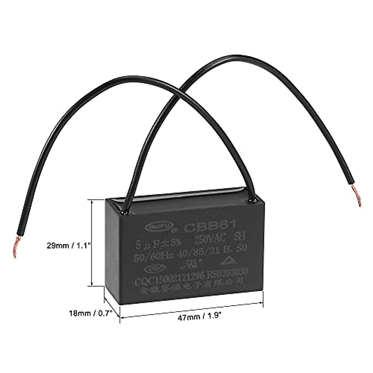 uxcell Ceiling Fan Capacitor CBB61 5uF 250V AC 2 Wires Metallized Polypropylene Film Capacitor 47x29x18mm for Electric Fan Pump Motor Generator 2Pcs