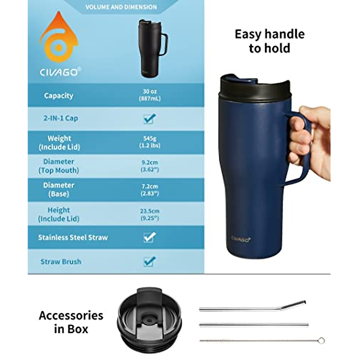 CIVAGO 30 oz Insulated Tumbler with Handle, Stainless Steel Travel Coffee Mug with Lid and Straw, Double Wall Vacuum Water Bottle Cup, Leakproof, Black