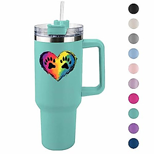 40 ounce insulated cup with handle, double-layer vacuum stainless steel material, equipped with straw, can keep warm or maintain cold drinks Love Rainbow Paw Animal 2 Lake Green