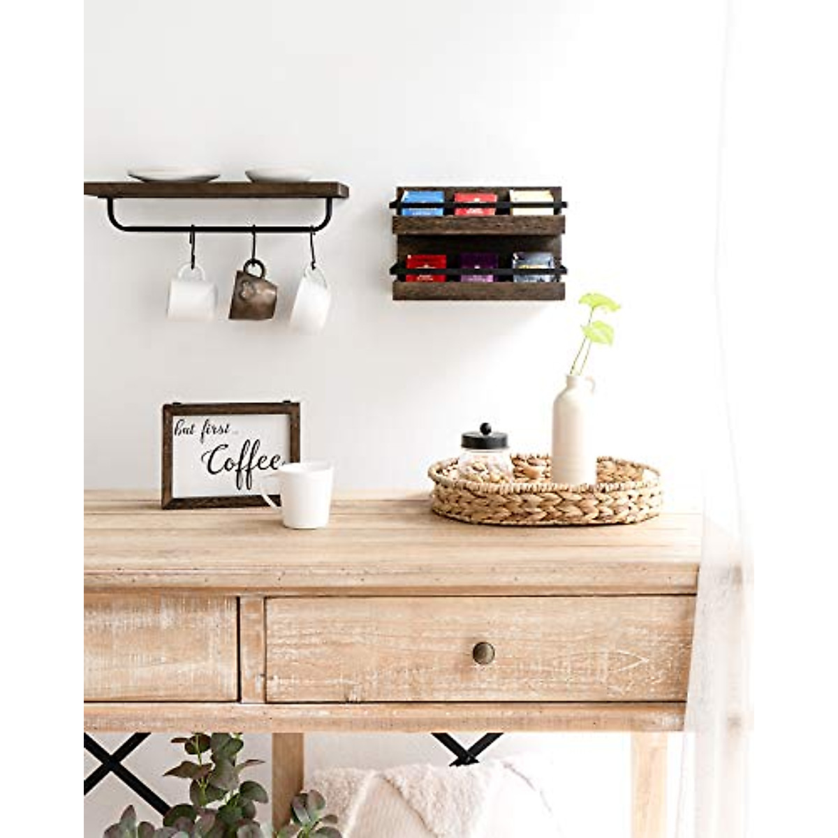 Mkono Tea Bag Organizer 2 Tier Rustic Wood Tea Bags Holder Wall Mounted Tea Box for Tea Storage Coffee Condiment Display Shelf Tea Rack for Cabinet, Counter, Café, Home, Office