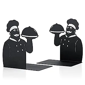 Cookbook Bookends, Sturdy Decorative Book Ends for Kitchen, Heavy Duty Metal Book Stoppers to Hold Recipe Upright on Their Own, Professional Cook Book Decoration (1 Pair of Black Chef)