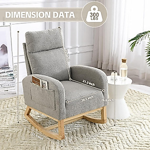 JEEOHEY Rocking Chair Nursery,Teddy Fabric Upholstered Baby Glider Rocker Chair,Comfy Accent Arm Chair with Side Pockets&Solid Wood Legs,Modern Nursing Single Sofa Chair for Living Room,Bedroom(Grey)
