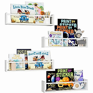 Fixwal Nursery Book Shelves, 16.5 Inch Floating Bookshelves for Nursery Decor & Playroom Decor, Set of 4, Solid Wood Wall Mounted Shelves for Books, Toys and Decor Storage (White)