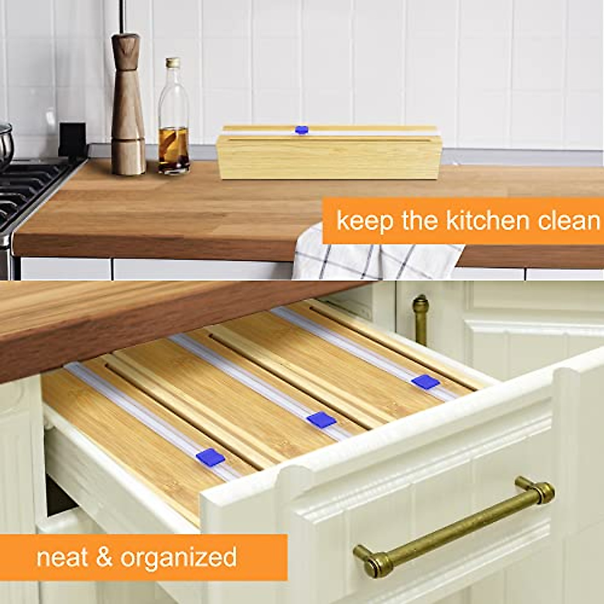 Sizet SIZET Bamboo Wood Plastic Wrap Dispenser with Cutter, Foil and Wax Paper Organizer Dispenser Drawer Compatible Brown 1 box 1 slots 1 box 1 slots 1 box 1 slots