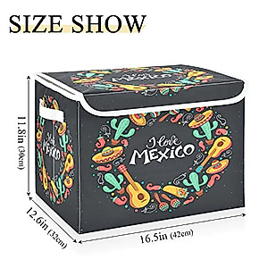 Kigai Mexico Pattern Storage Basket with Lid Collapsible Storage Bin Fabric Box Closet Organizer for Home Bedroom Office 1 Pack
