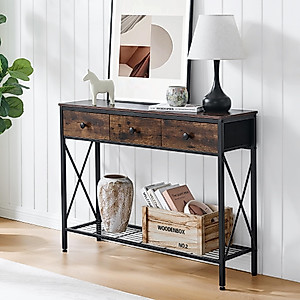 FAVOOSTY Narrow Console Table with 3 Fabric Drawers-39.8" Industrial Entryway Table with 3-Tier Storage Shelves, Thin Sofa Table for Living Room, Hallway, Entry Way, Foyer, Kitchen, Rustic Brown&Black