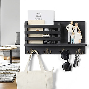 Lwenki Key & Mail Holder for Wall - Rustic Natural Paulownia Wood, 4 Double-Hook Hangers - Wall Mounted Organizer for Decor, Bags, Accessories - Hardware & Manual Included (Black)