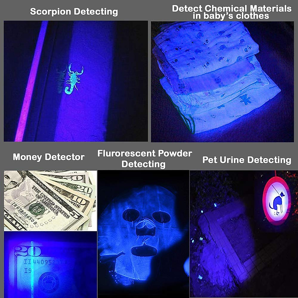 WAYLLSHINE (Pack of 5 Multicolored 3-Mode Flashlight: Red Light Flashlight, Green Light Flashlight, Blue Light Flashlight, 395 UV Light Flashlight, White LED Light Flashlight