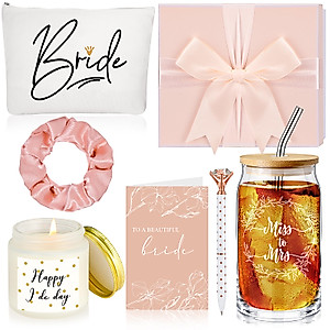 7 Pcs Bride Gifts Bridal Shower Gift Including Mrs Can Shaped Drinking Glass with Straw Bride Makeup Bag Crystal Pen Scented Candle Scrunchies Raffia Wedding Card Gift Box for Bridal Shower (Pink)