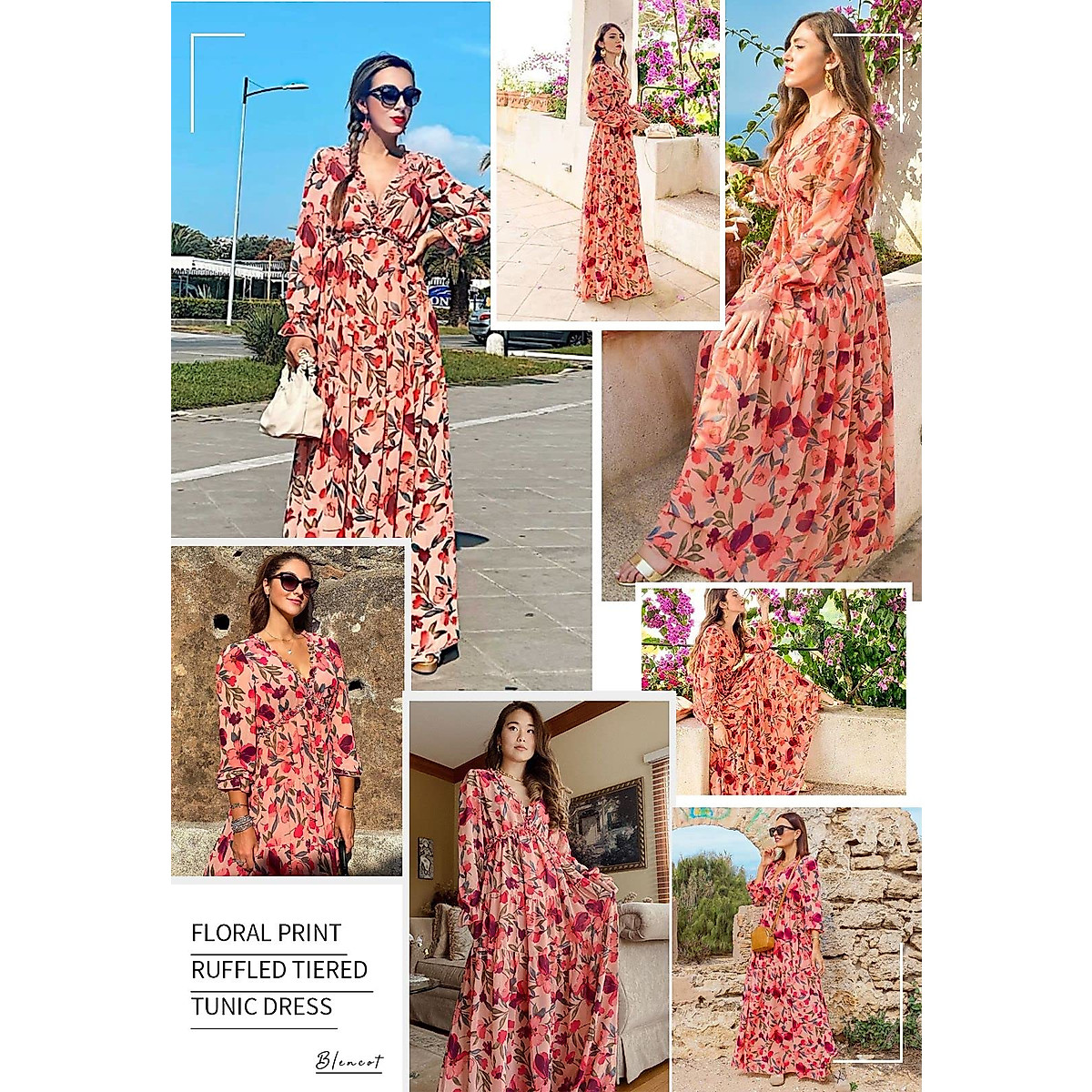 BLENCOT Womens Casual Floral Deep V Neck Long Sleeve Long Evening Dress Cocktail Party Maxi Wedding Dresses Floral Pattern Red Large